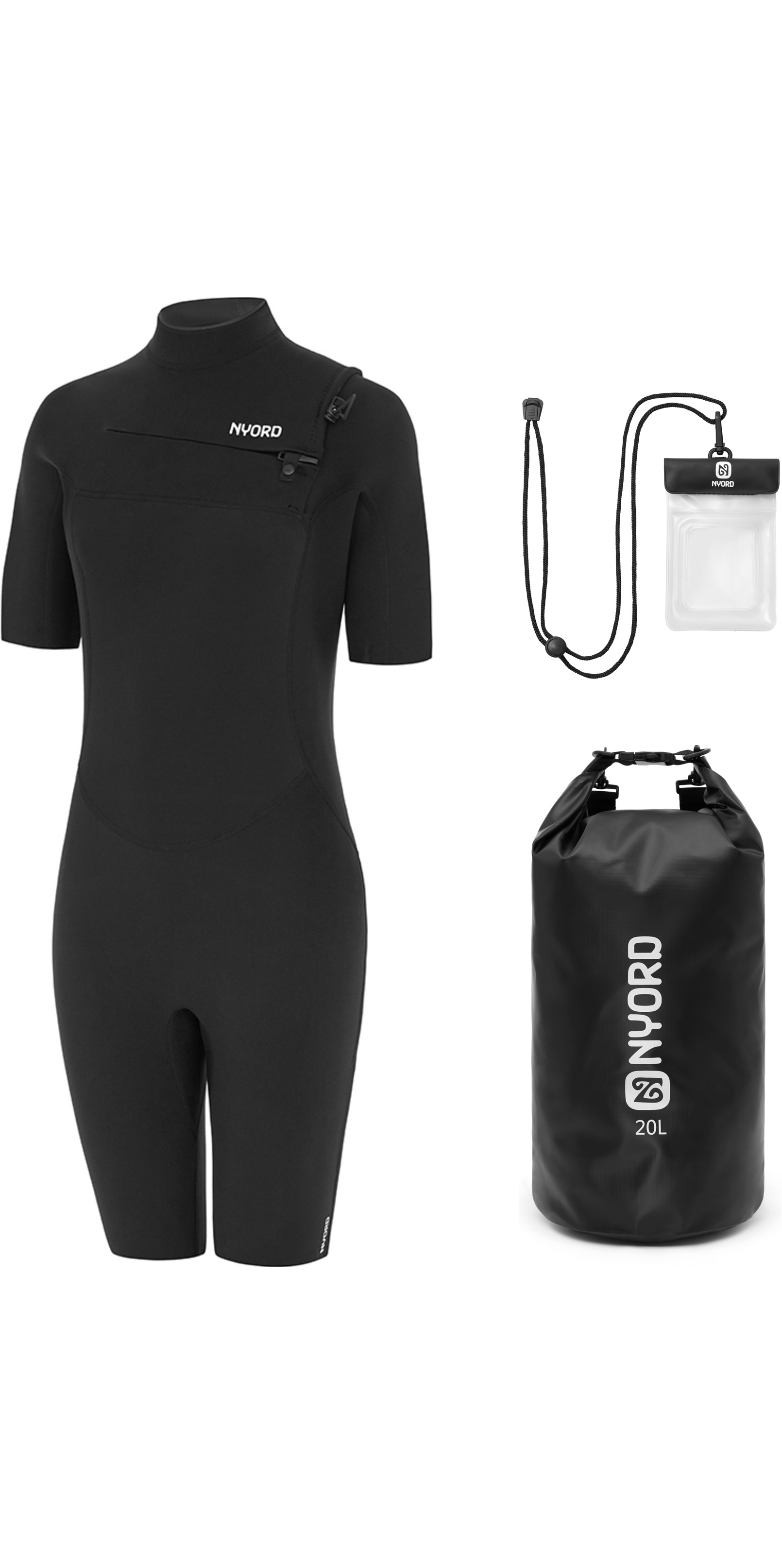 2025 Nyord Womens Tempus 2/2mm Chest Zip Shorty Wetsuit & 20L Dry Bag ...